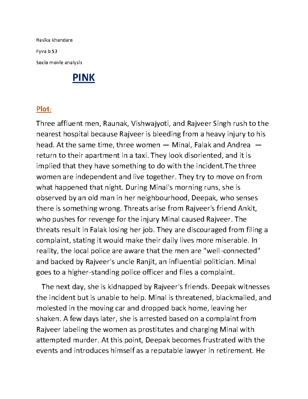 Movie analysis - Rasika khandare Fyva b 53 Socio movie analysis PINK ...