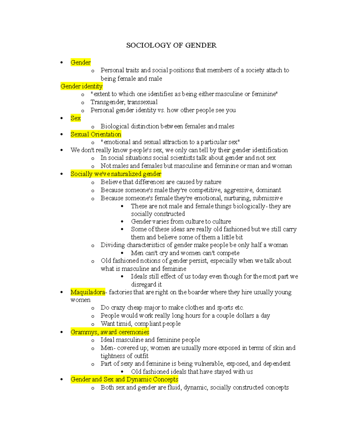 Sociology of gender Lecture Notes - SOCIOLOGY OF GENDER Gender o ...