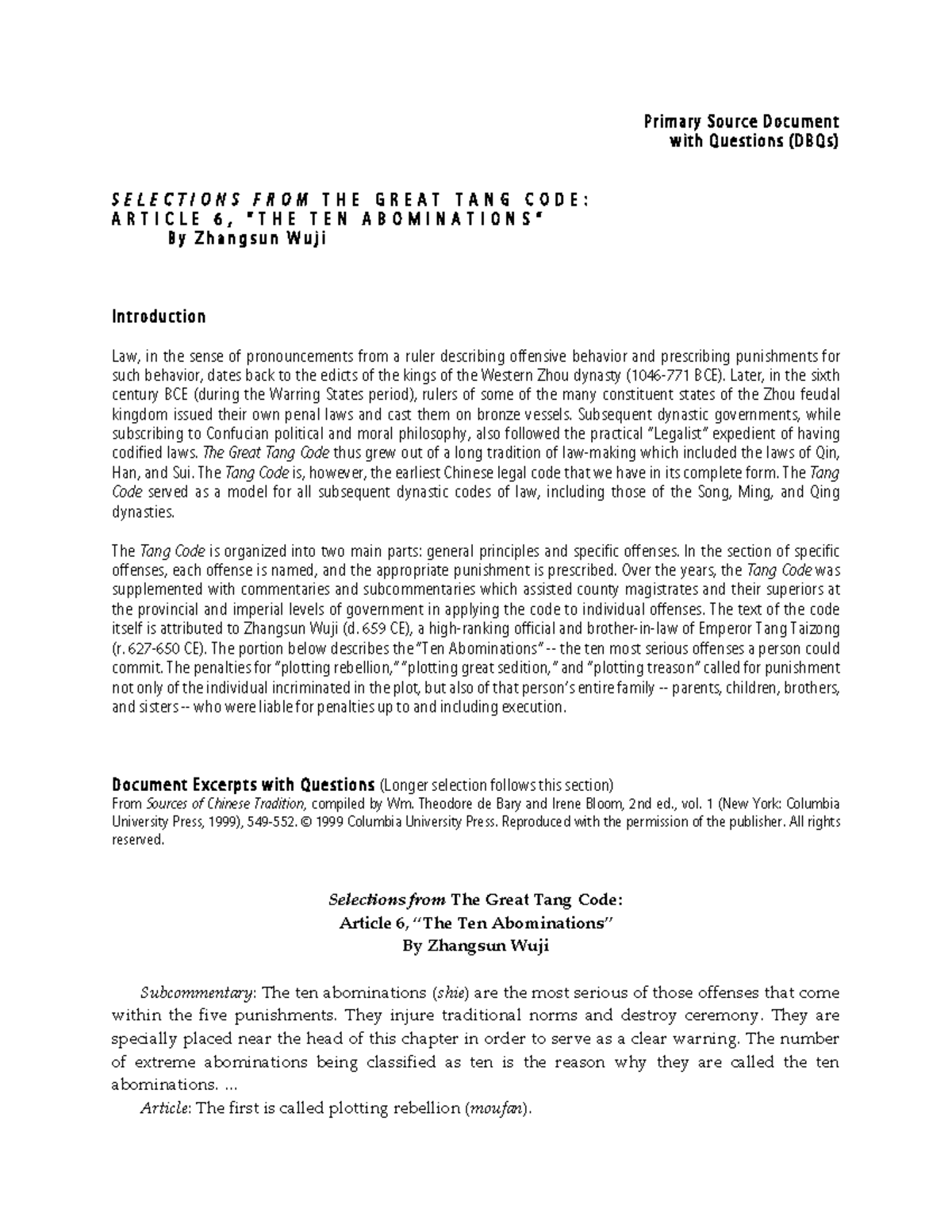 Zhangsun wuji great tang code - Primary Source Document with Questions ...