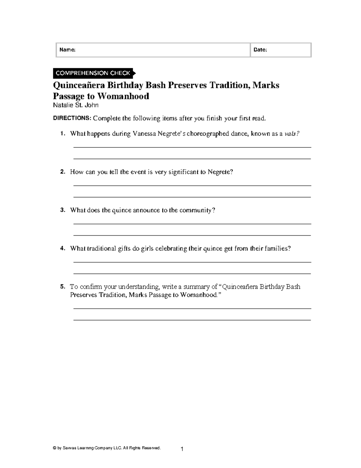 Kami Export - Quinceañera Birthday Bash Comprehension Check - © by ...