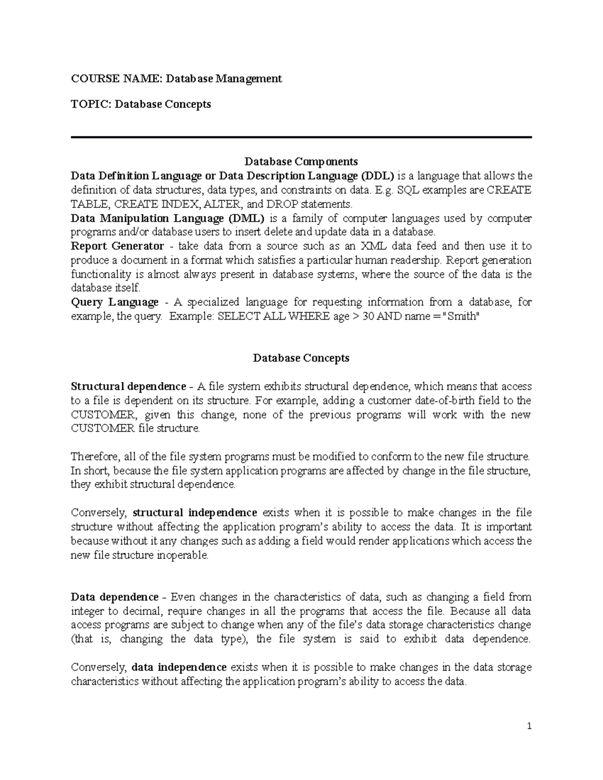 Database Components And Database Concepts Data Independence Structural Independence Course