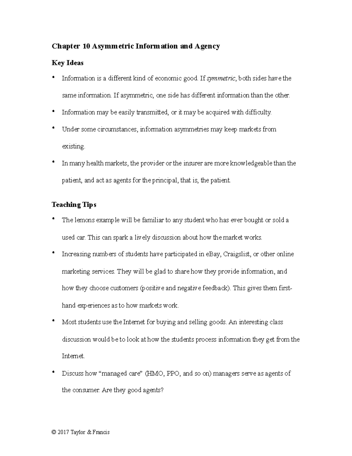 Chapter 10 Quiz Answers - Chapter 10 Asymmetric Information and Agency ...