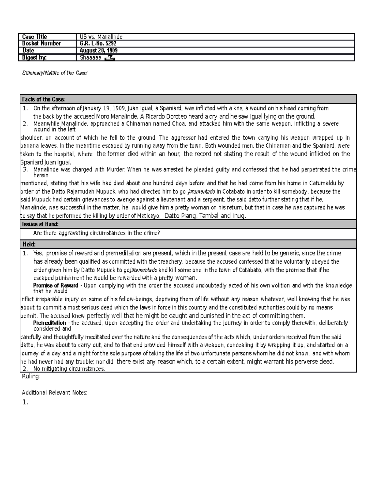 Us-vs-manalinde - Case digest - Case Title US vs. Manalinde Docket ...