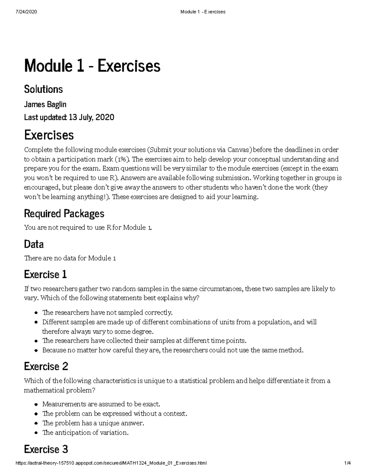 Module 1 - Exercises - Module 1 - Exercises Solutions James Baglin Last ...