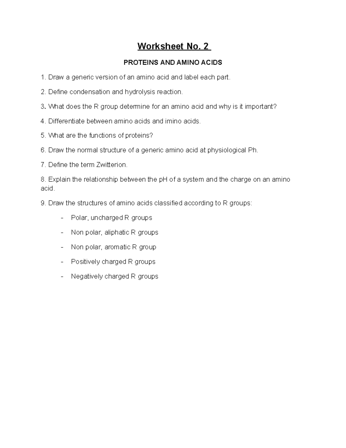 Midterm Worksheet 2 - Worksheet No. 2 PROTEINS AND AMINO ACIDS Draw a ...