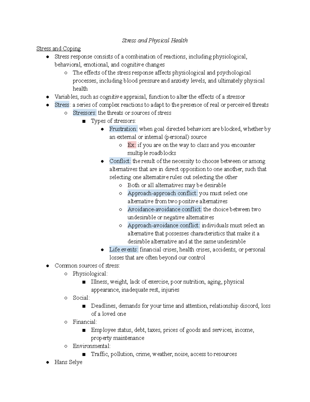 Chapter 10 notes - Stress and Physical Health Stress and Coping Stress ...