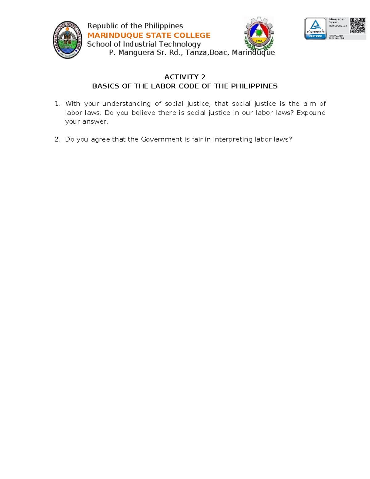 Activity 2 Labor Code - summary - BS Law Enforcement - Republic of the ...