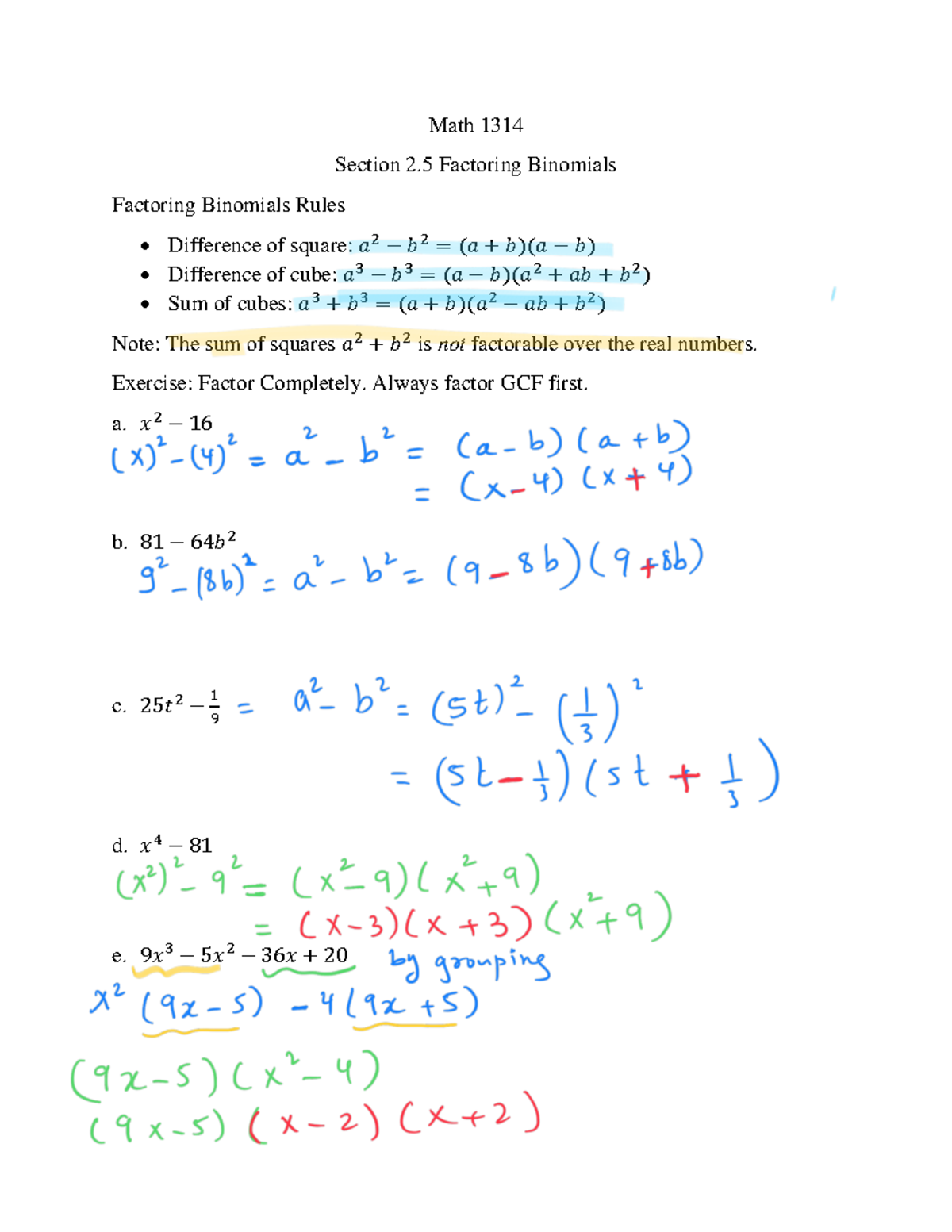 Section 2.5 Factoring Binomial Edited - Math 1314 Section 2 Factoring ...