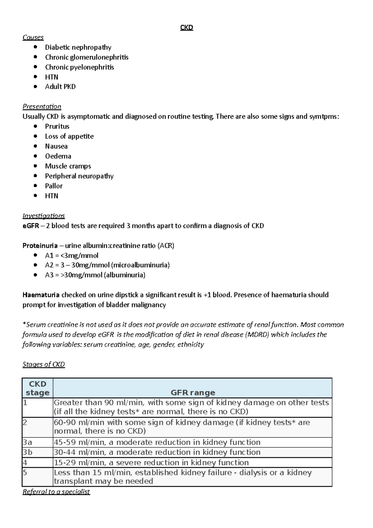 CKD - Summary of the condition with differentials, investigations and ...