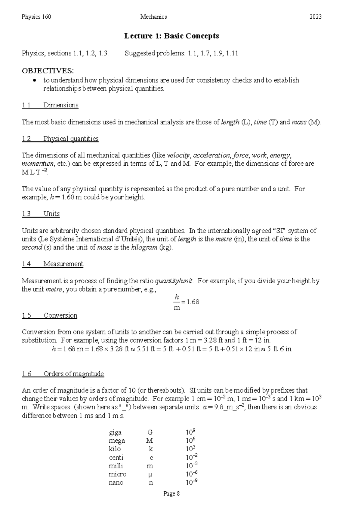 PHYS160 Lectures 1-4 (WEEK 1) - Lecture 1: Basic Concepts Physics, sections 1, 1. 2 , 1 ...