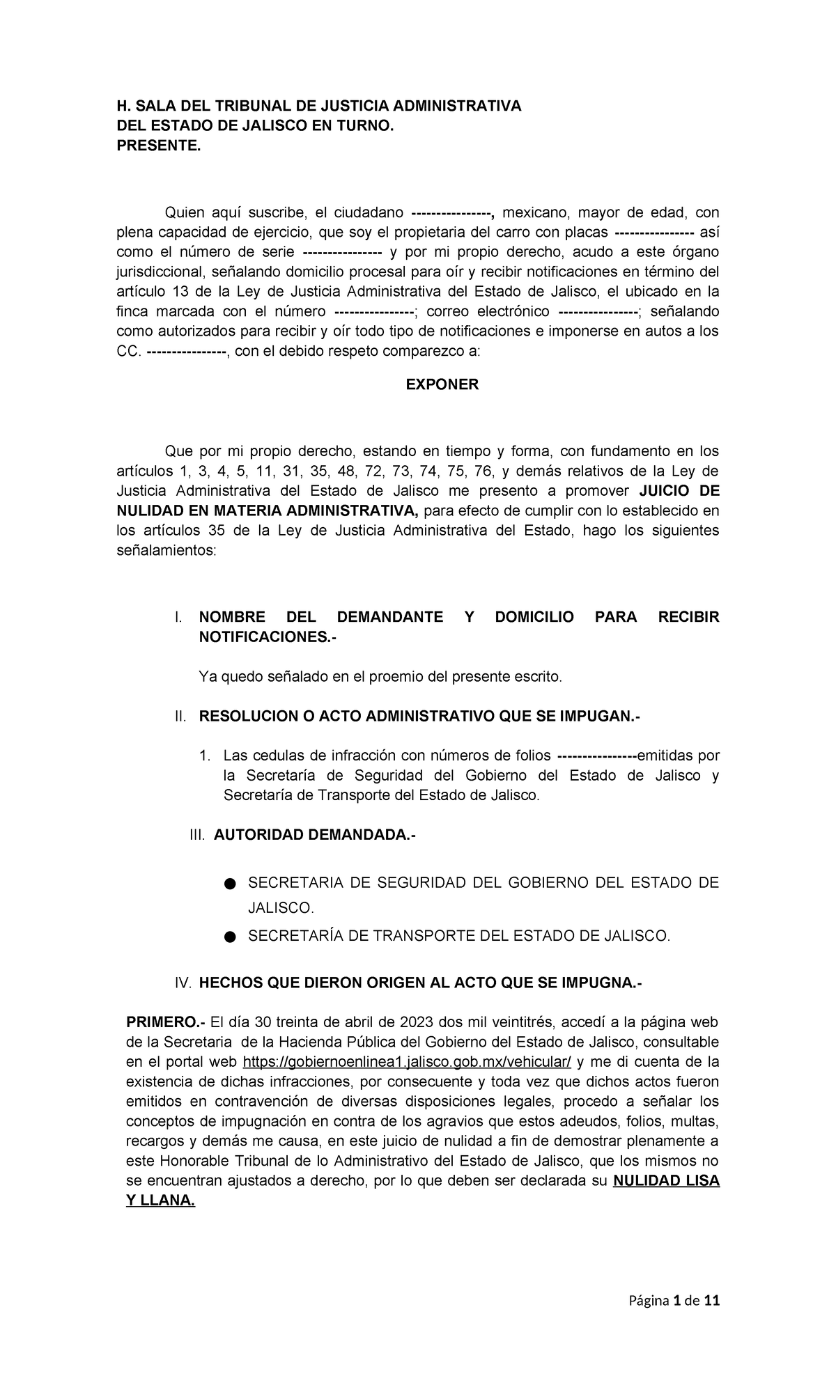 Demanda Nulidad DE Multas - H. SALA DEL TRIBUNAL DE JUSTICIA ADMINISTRATIVA DEL ESTADO DE ...