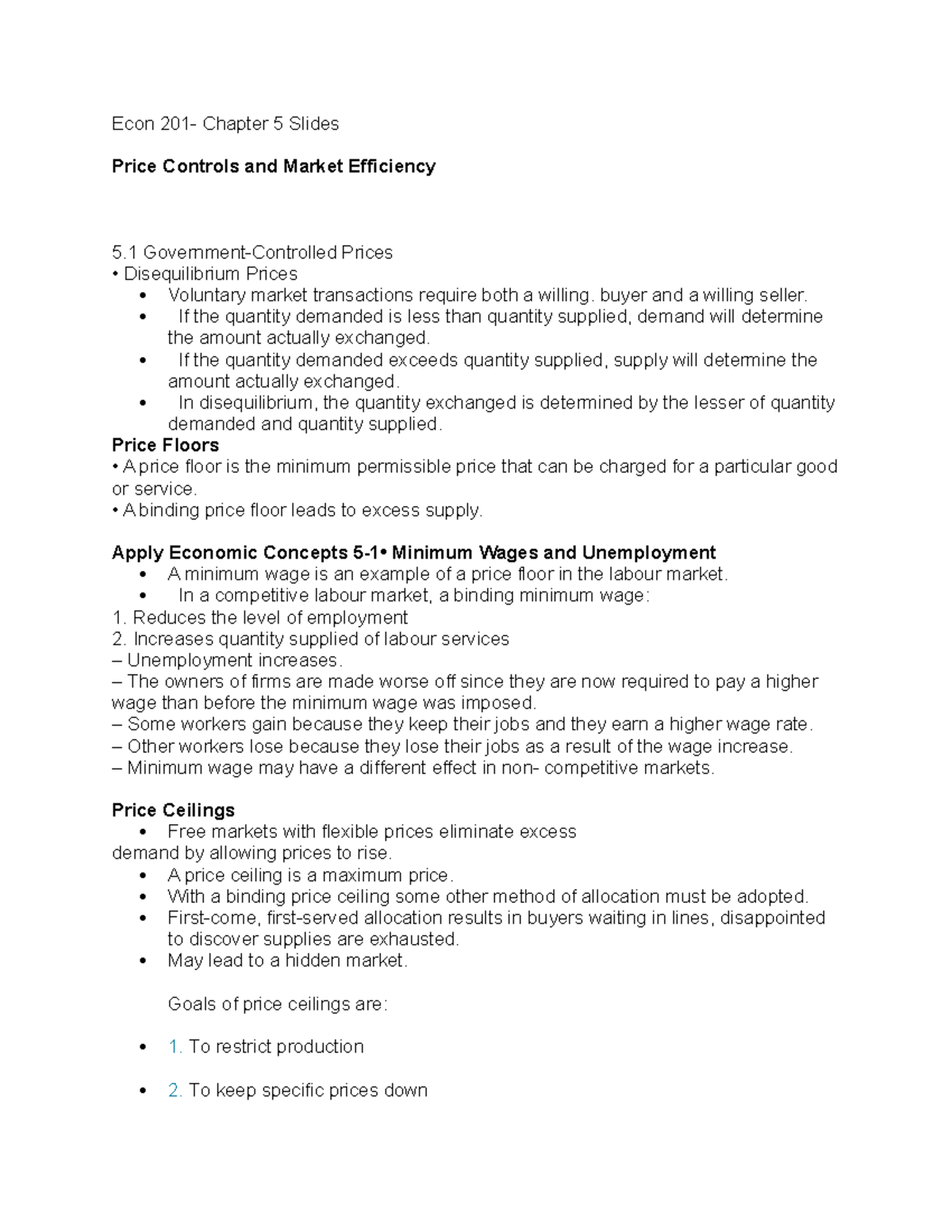 Chapter 5 Slides - Notes - Econ 201- Chapter 5 Slides Price Controls ...