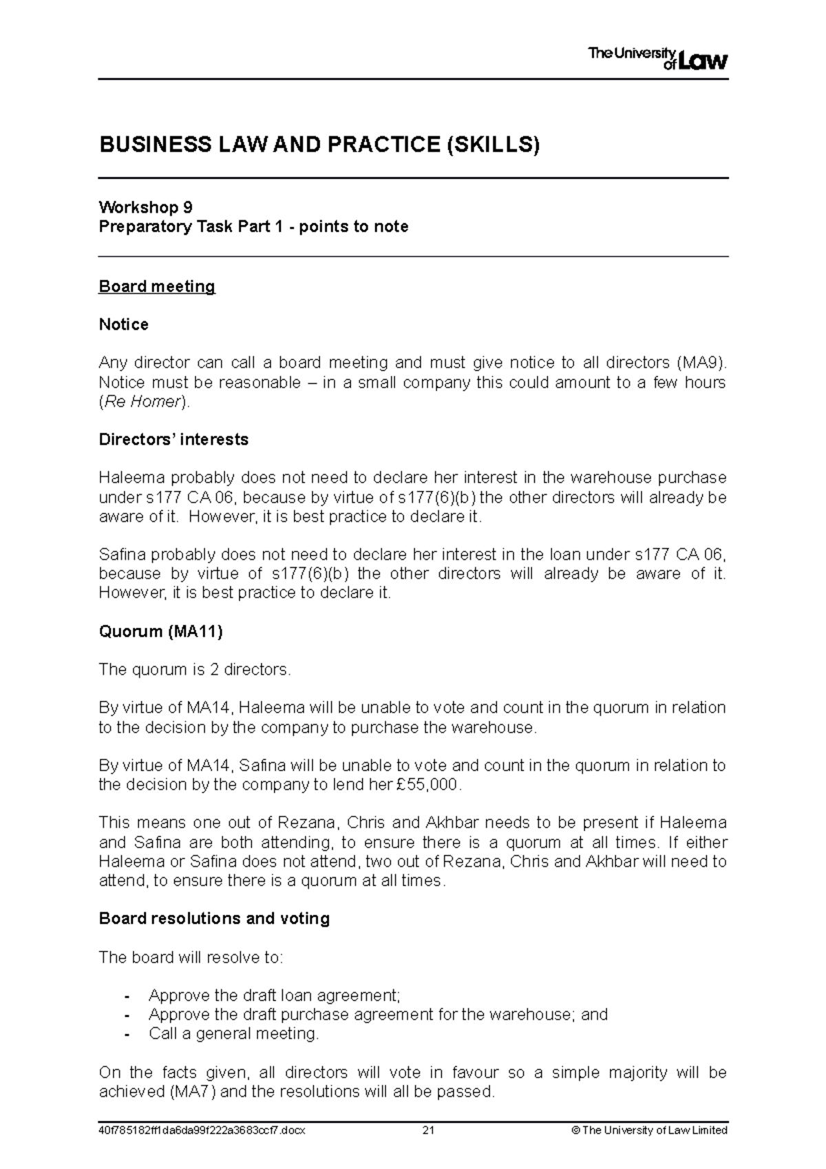 Example CPPT - yes - BUSINESS LAW AND PRACTICE (SKILLS) Workshop 9 ...