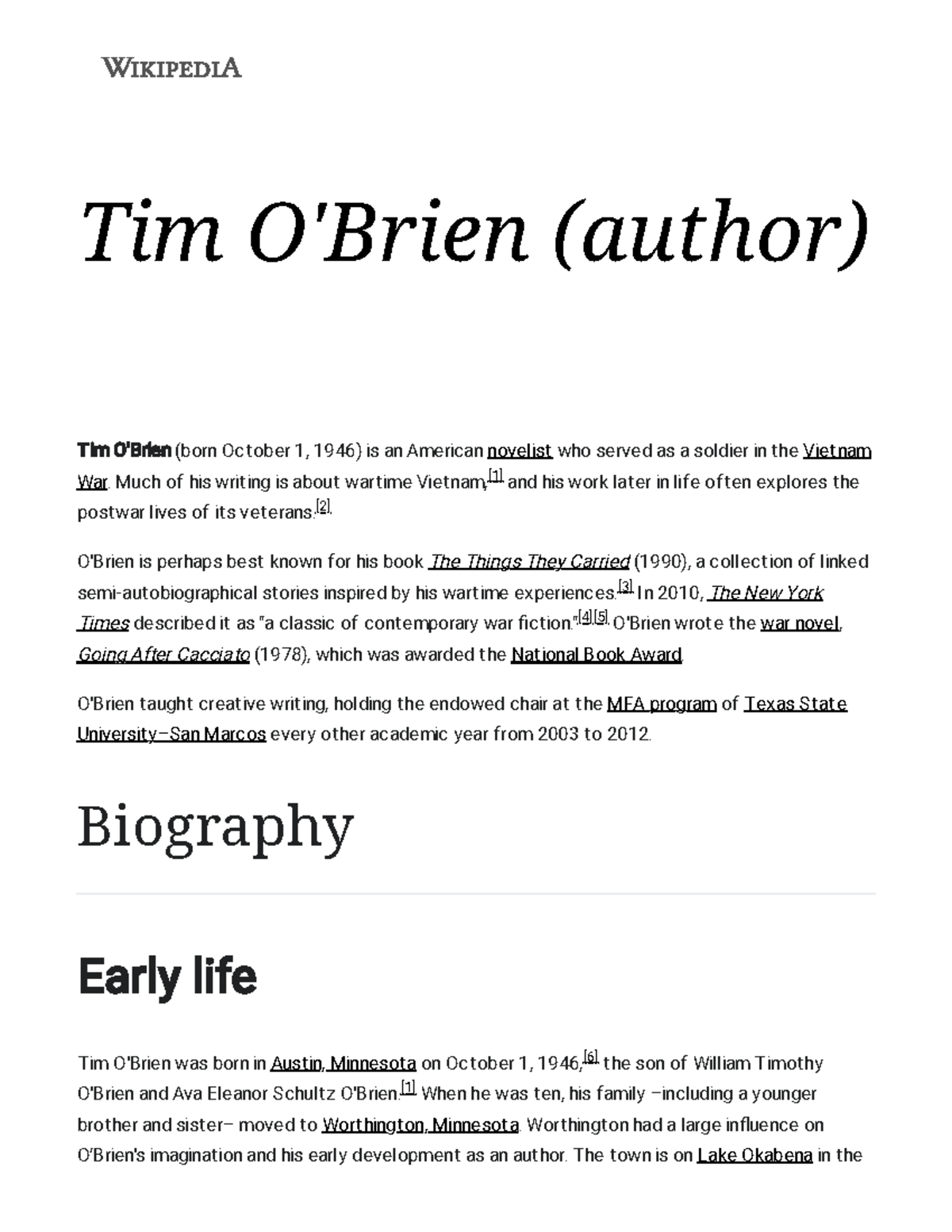 Tim O'Brien (author) - Wikipedia - Tim O'Brien (author) Tim O'Brien (born Oct ober 1, 1946) is ...