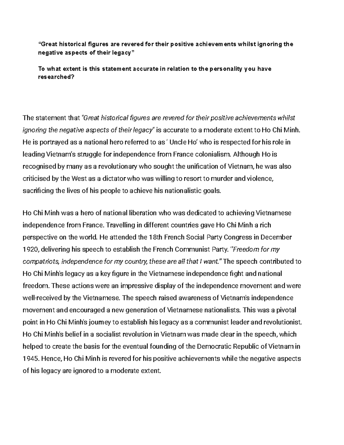 Modern History - Assignment - “Great historical figures are revered for ...