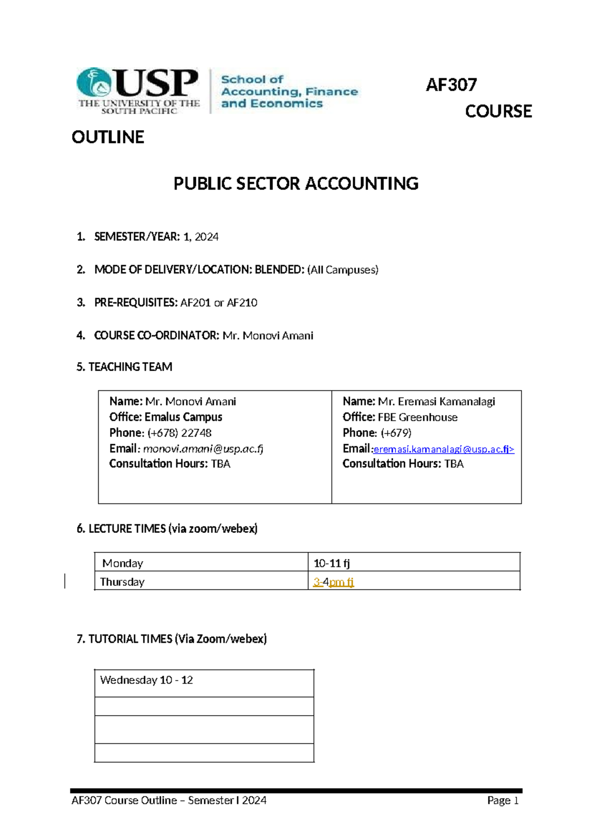 AF307 Course Outline - S1 2024 aligned and updated to text book - AF ...