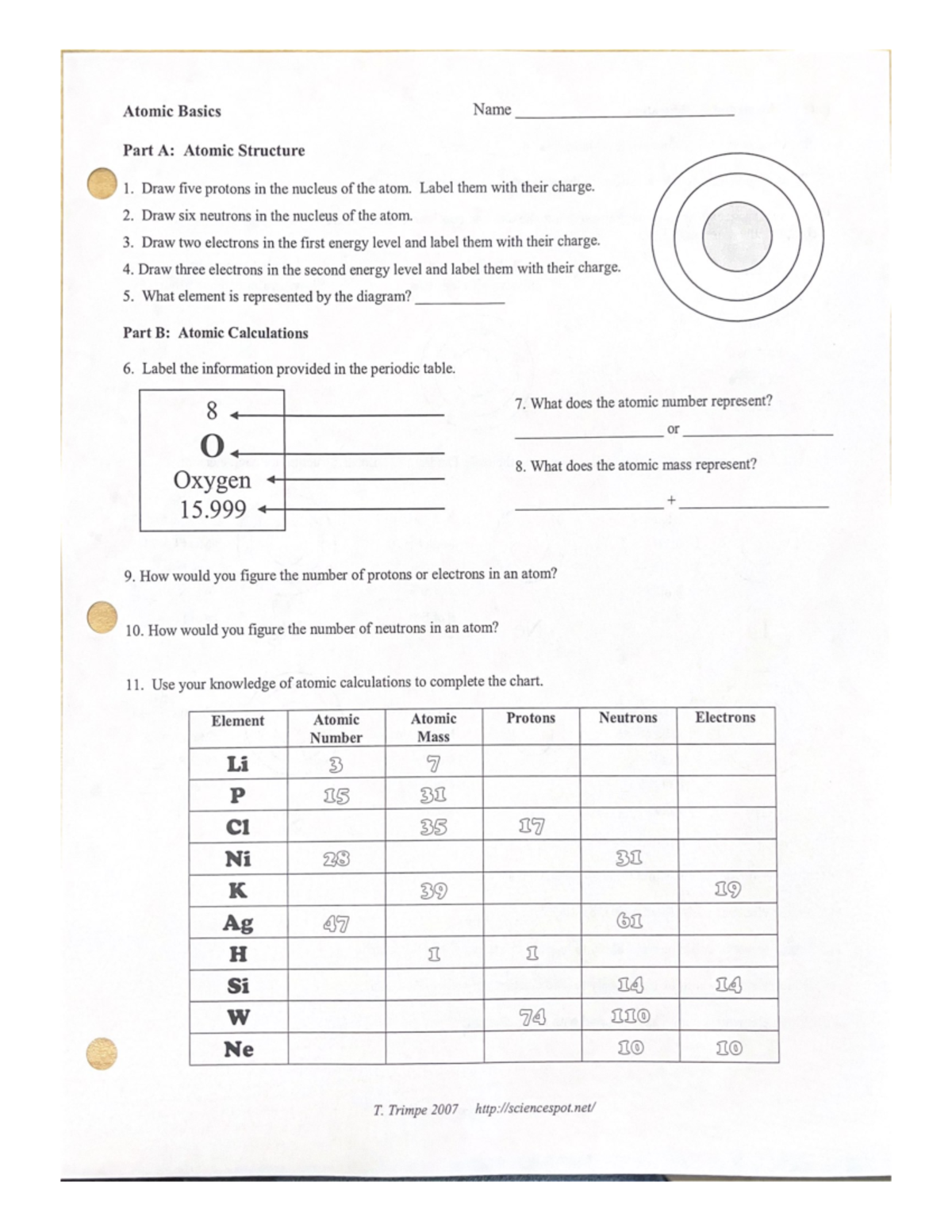 Atomic Basics - notes - Atomic Basics Name Part A: Atomic Structure 1 ...