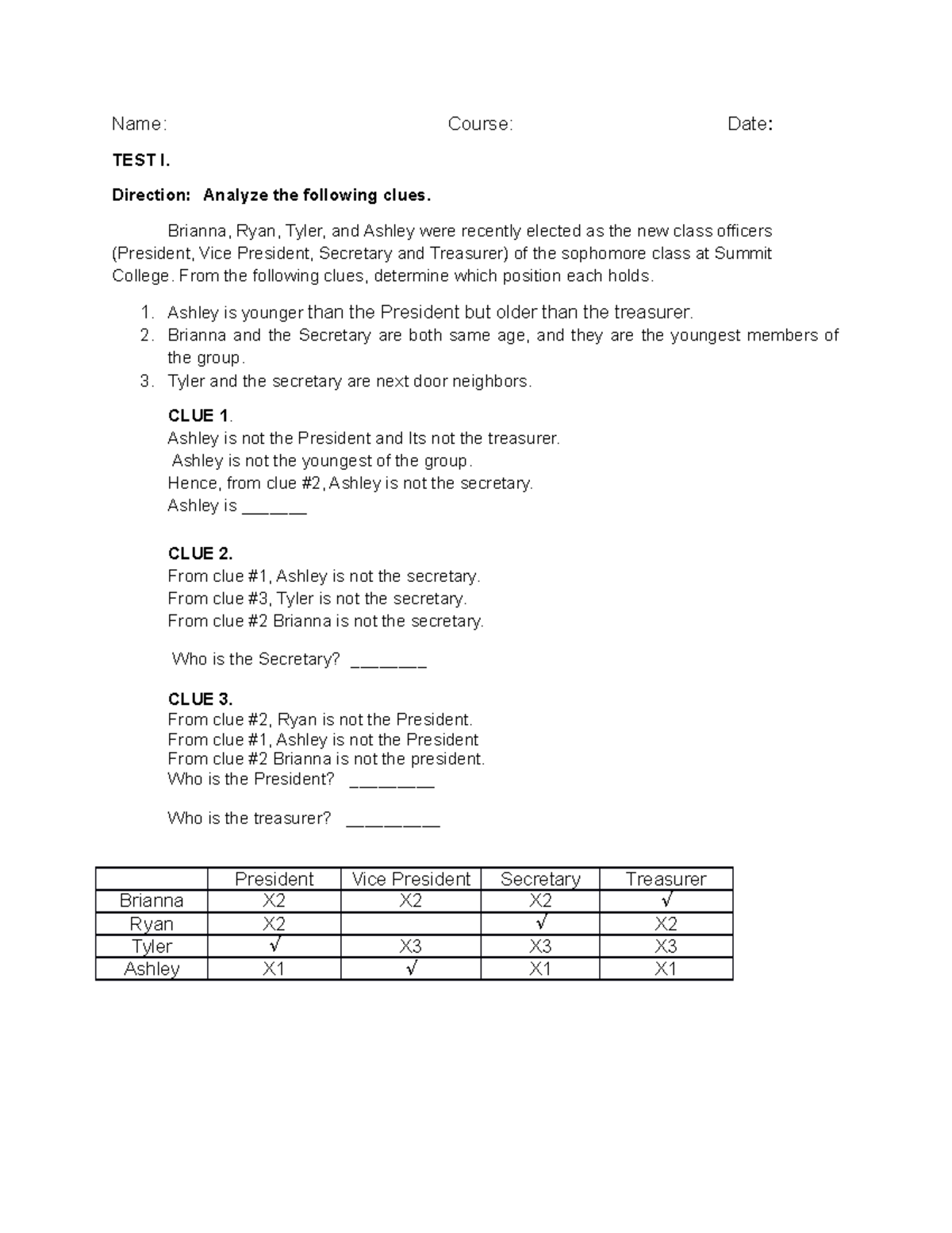EXAM - N/A - Name: Course: Date: TEST I. Direction: Analyze the ...
