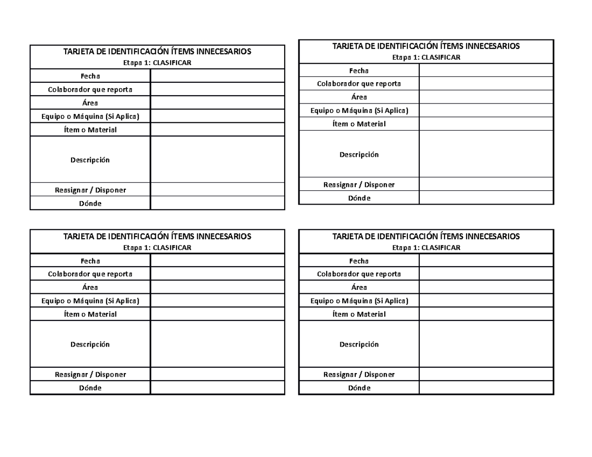 Formato Imprimir Tarjetas Clasificar - TARJETA DE IDENTIFICACIÓN ÍTEMS ...