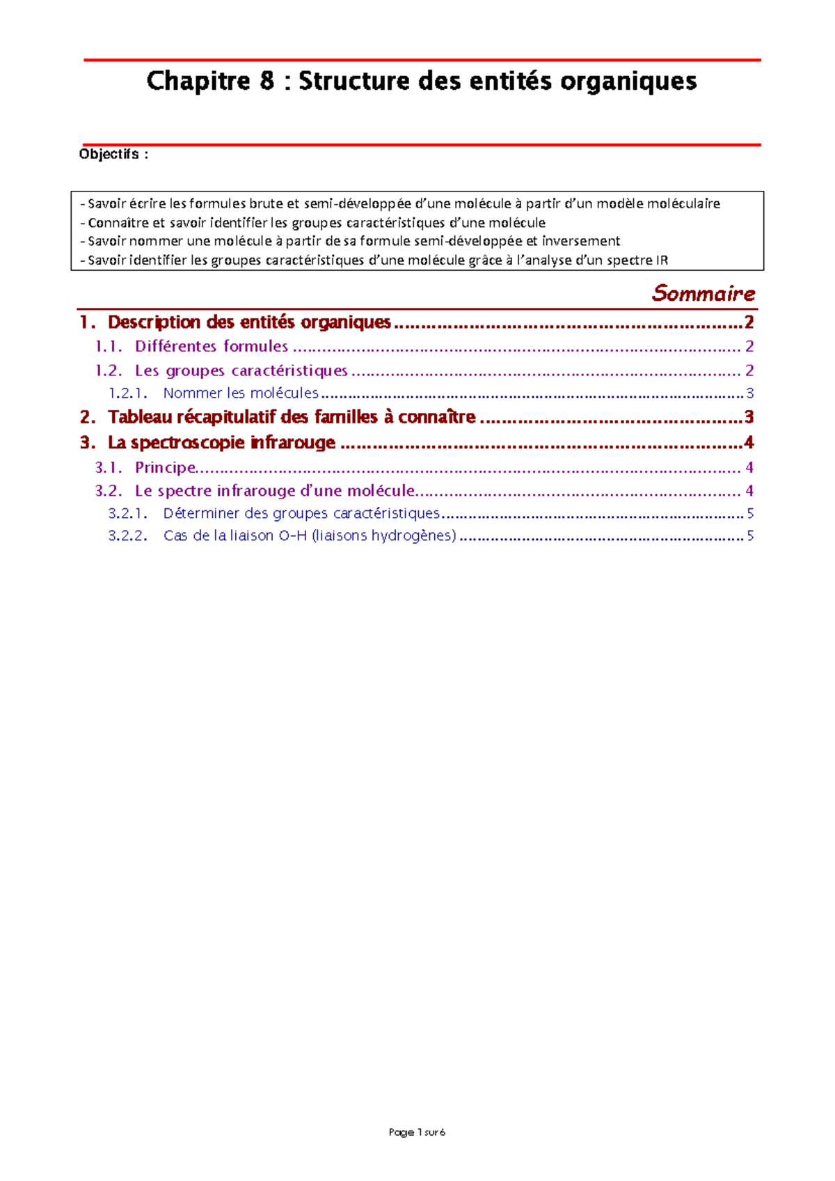 Chapitre 8+Ex V2 - Page 1 sur 6 Chapitre 8 : Structure des entités organiques Objectifs : Savoir ...