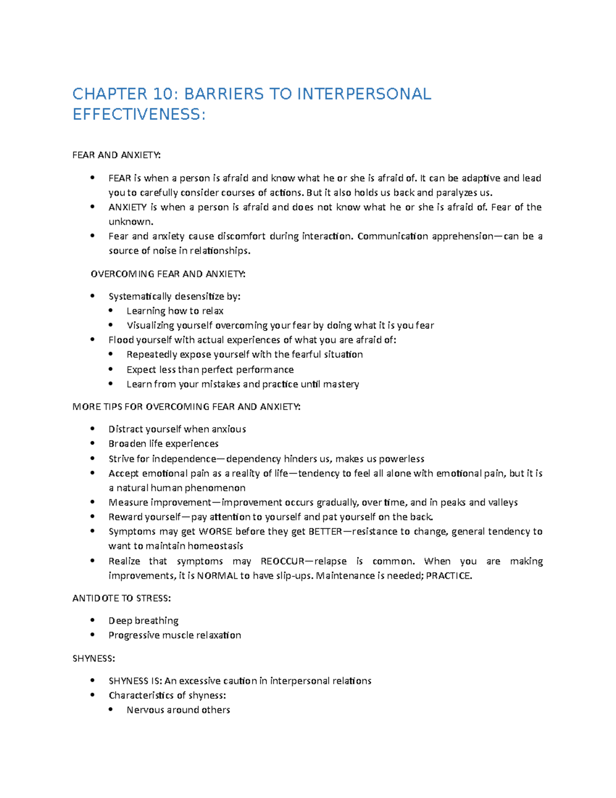 AHSC 230 Class Notes Chapter 10 - CHAPTER 10: BARRIERS TO INTERPERSONAL ...