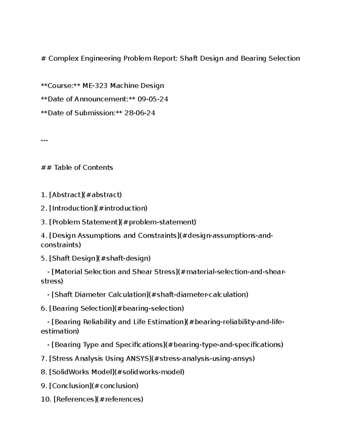 Sample 2 - It is good - Complex Engineering Problem Report: Shaft ...