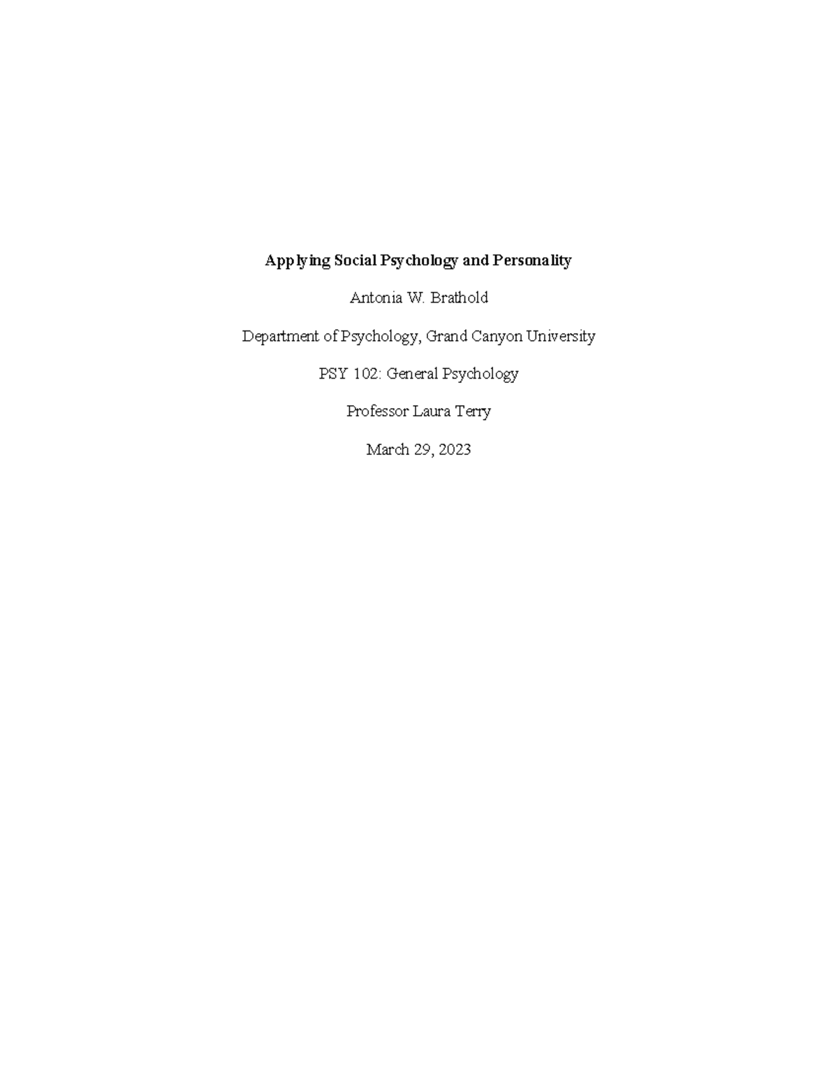 Applying Social Psychology and Personality - Brathold Department of ...