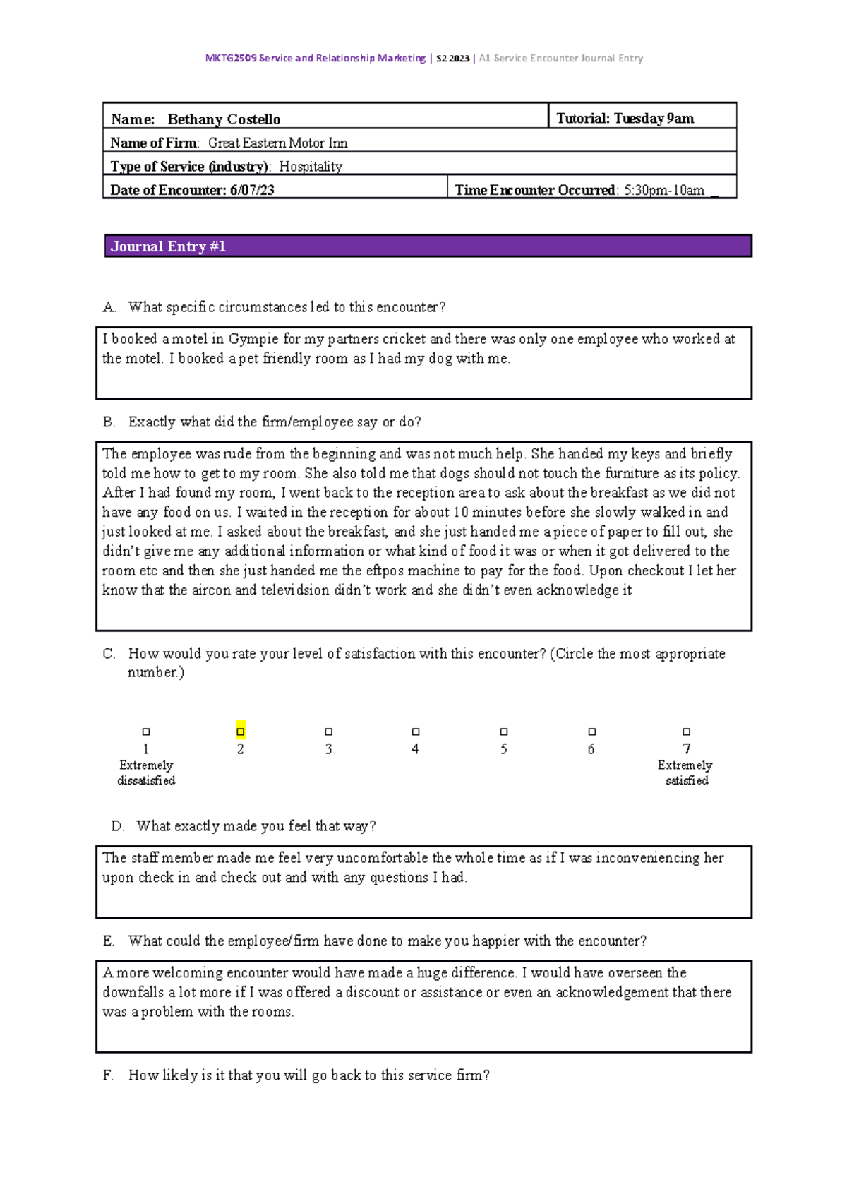 MKTG2509 A1 Service Encounter Journal Entry - Name: Bethany Costello ...