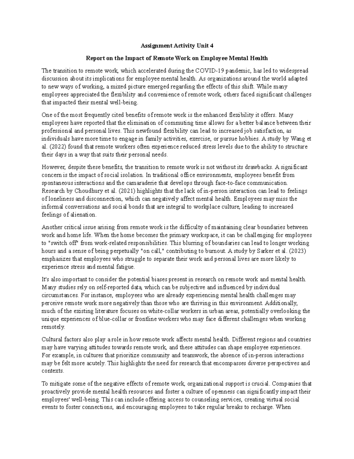 Assignment Activity Unit 4 - As organizations around the world adapted to new ways of working, a ...