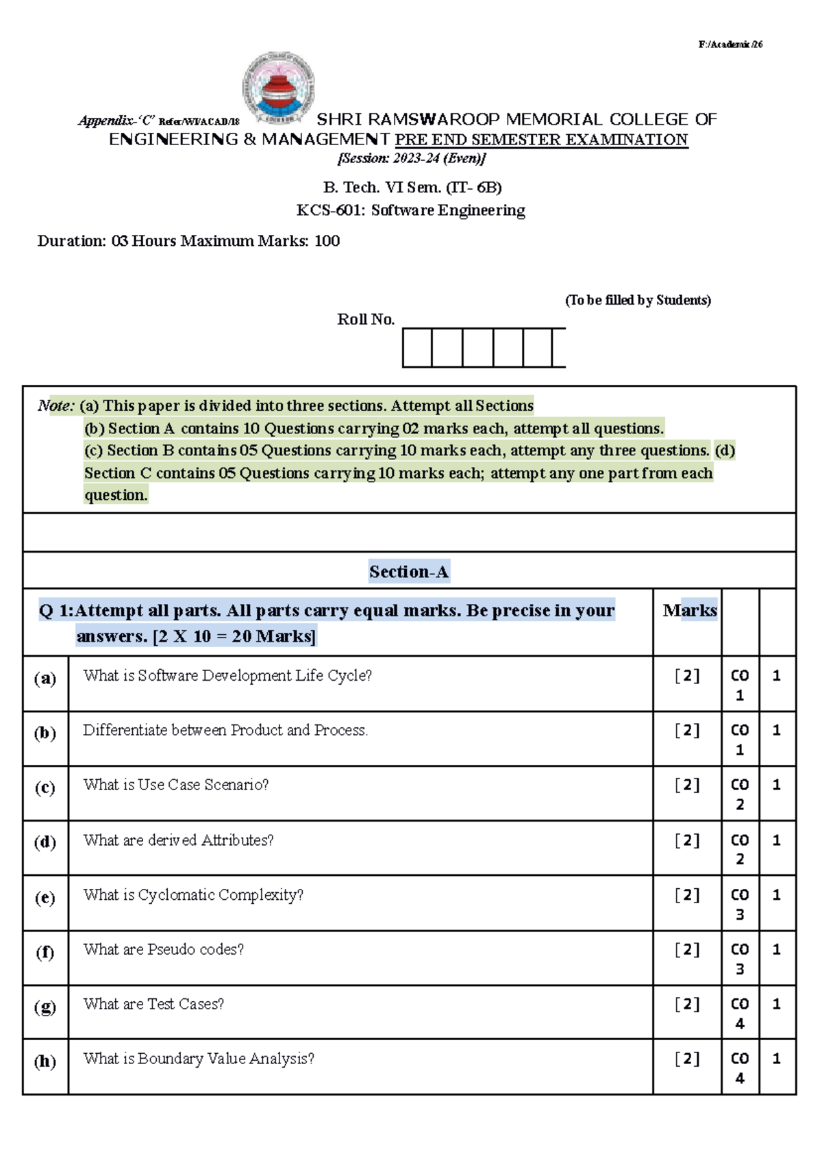 IT KCS-601 Pre End Sem Paper Er.Shilpi Khanna - F:/Academic/ Appendix ...