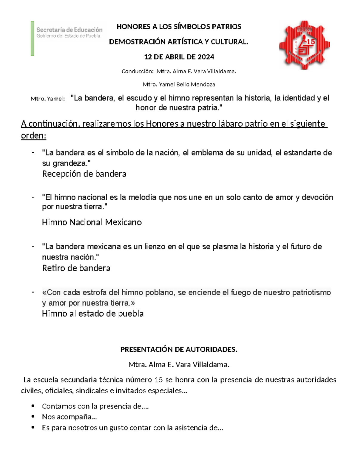 Programa 12 de abril - bonito - HONORES A LOS SÍMBOLOS PATRIOS DEMOSTRACIÓN ARTÍSTICA Y CULTURAL ...