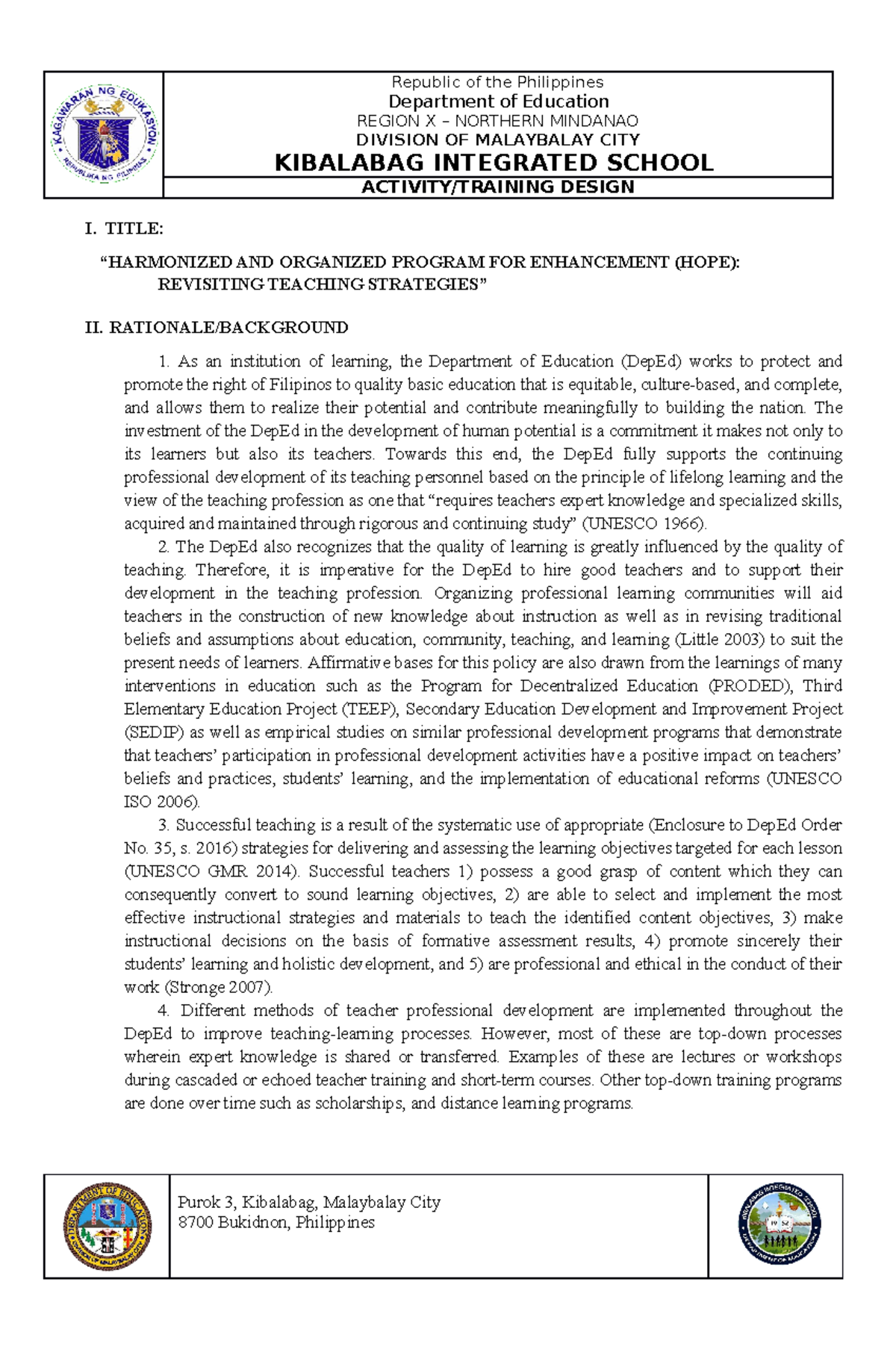 Training-Design Teaching Strat - Department of Education REGION X ...