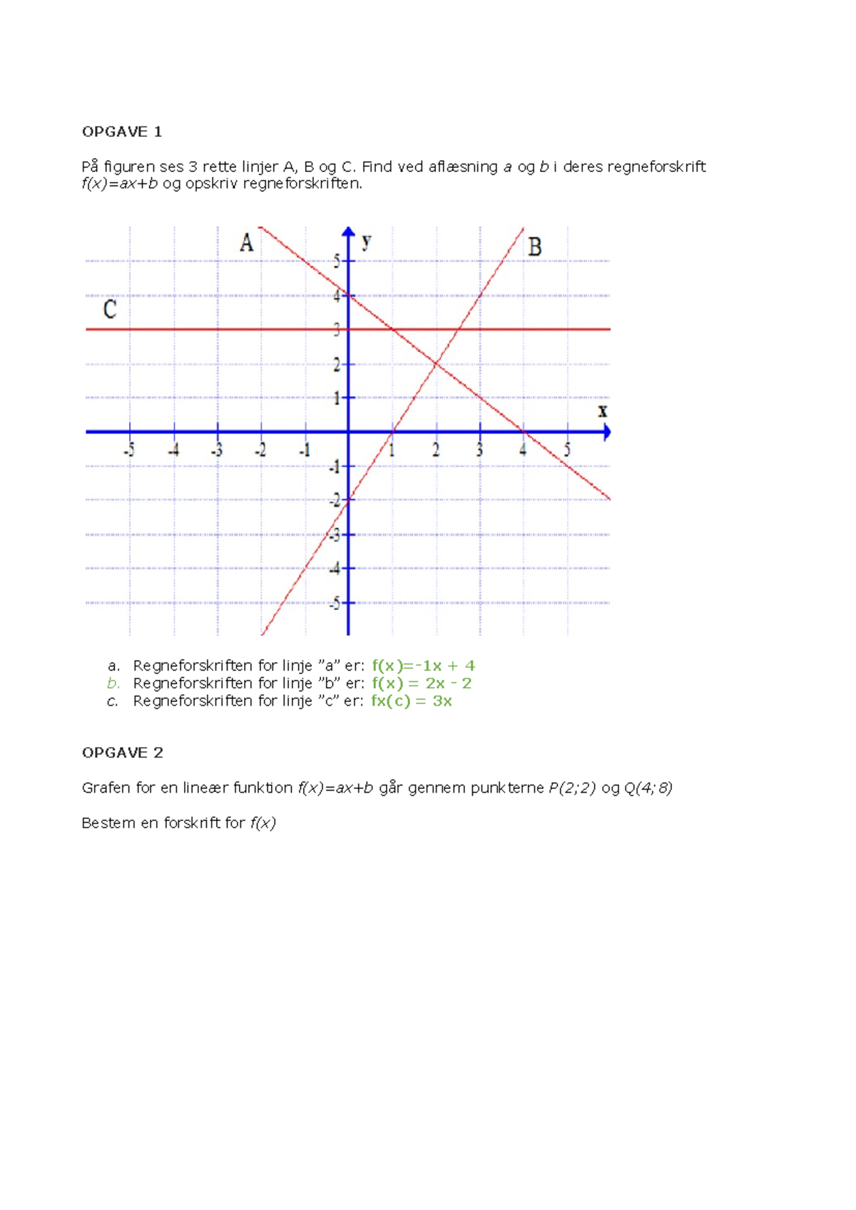 Mat Aflevering linære funktion - OPGAVE 1 På figuren ses 3 rette linjer A, B og C. Find ved ...
