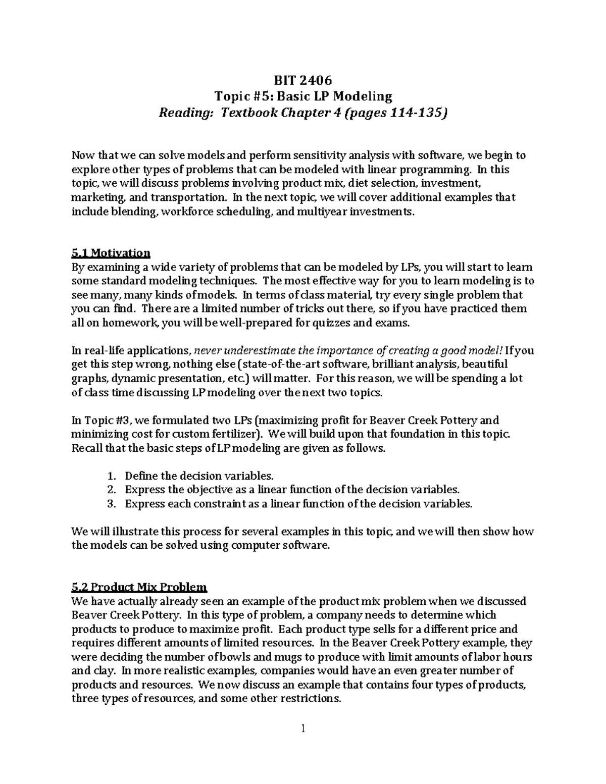 Topic 5 - Basic LP Modeling Chapter 5 for BIT - BIT 2406 Topic #5 ...