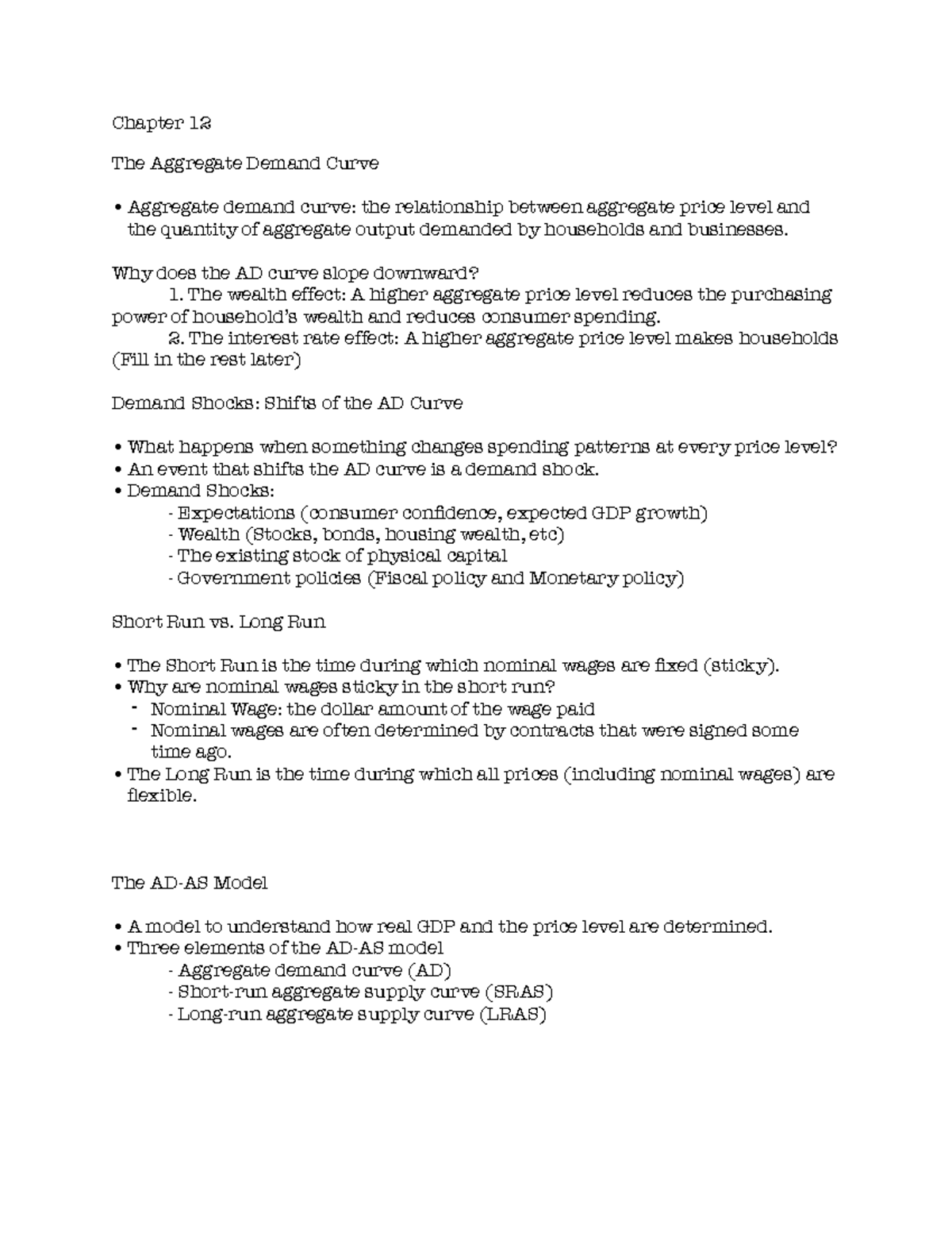 Chapter 12 - The aggregate demand curve; The AD-AS model; and long run ...