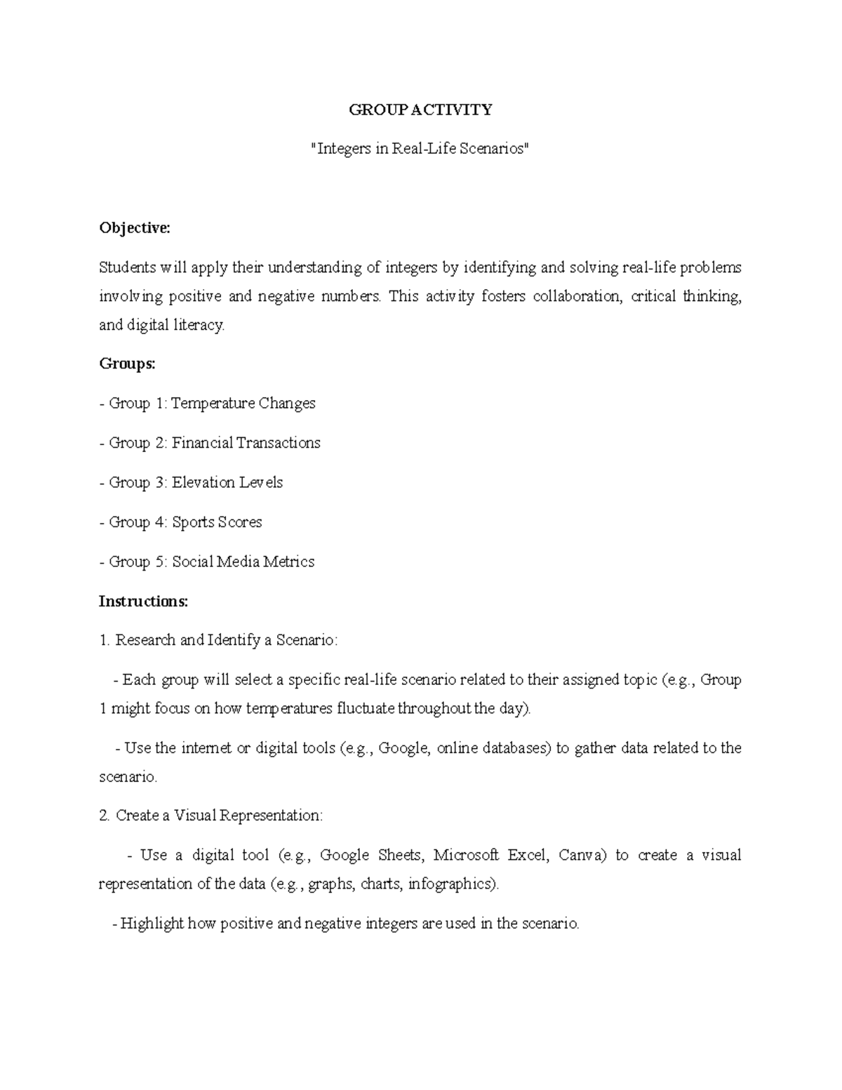 Group Activity - notes - GROUP ACTIVITY "Integers in Real-Life ...