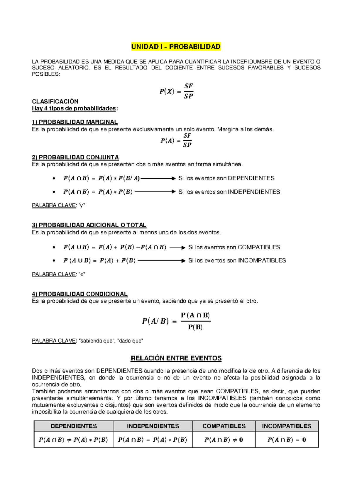 Unidad 1 - Formulas estadistica - UNIDAD I - PROBABILIDAD ####### LA ...