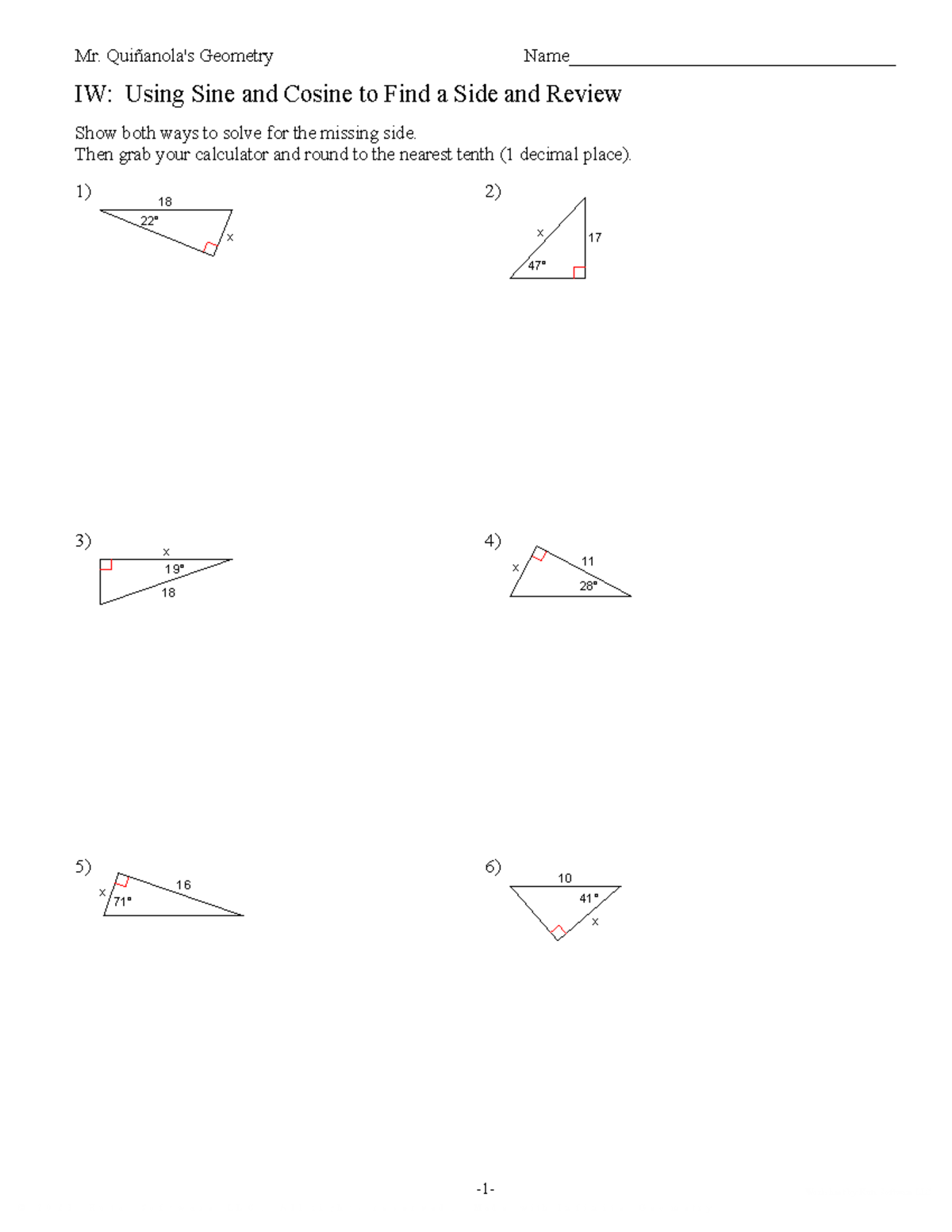 Using Sine and Cosine to Find a Side and Review Questions - ©V s 2 e 0 ...