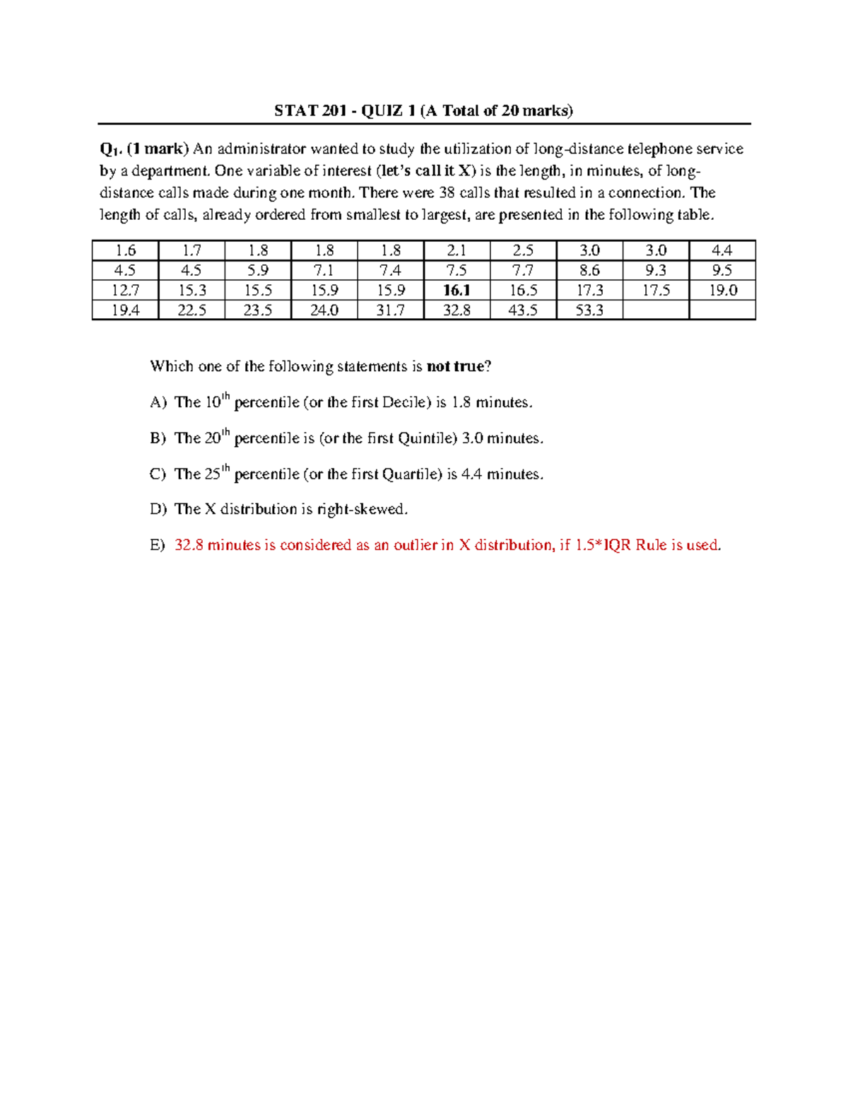 S201QUIZ1-key - quiz 1 key - STAT 201 - QUIZ 1 (A Total of 20 marks) Q 1. (1 mark) An ...