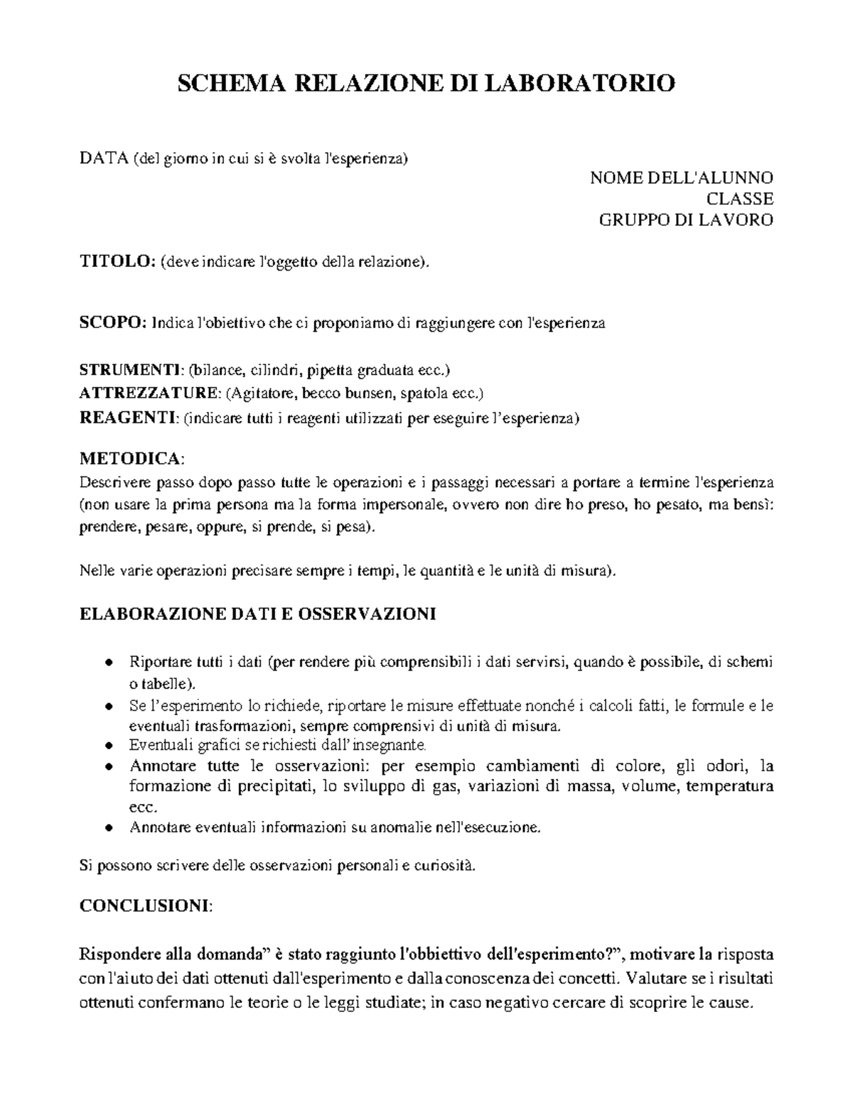 Schema DI Relazione DI Laboratorio - SCHEMA RELAZIONE DI LABORATORIO ...