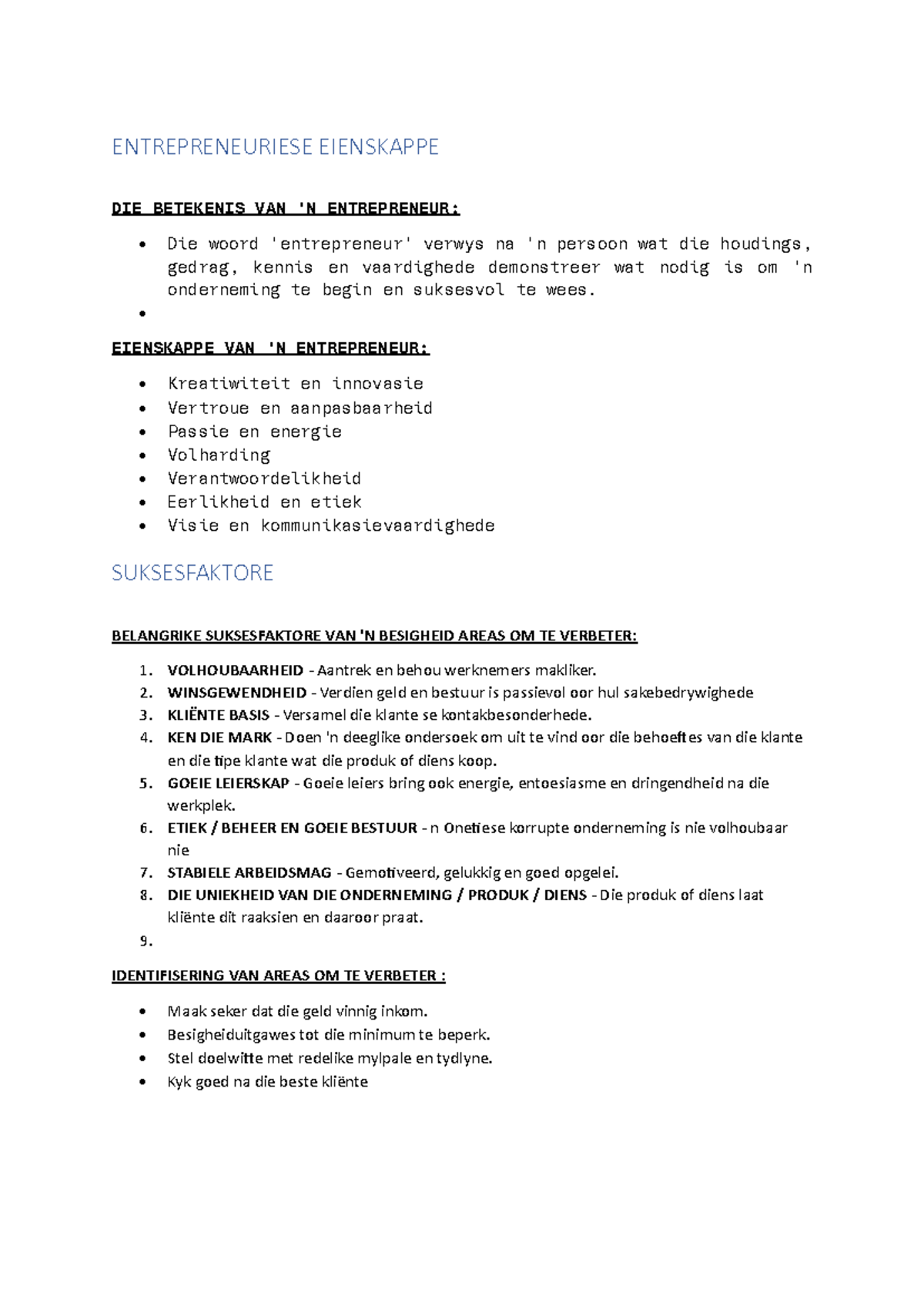 BSTD Opsoming - Summary business studies - ENTREPRENEURIESE EIENSKAPPE ...