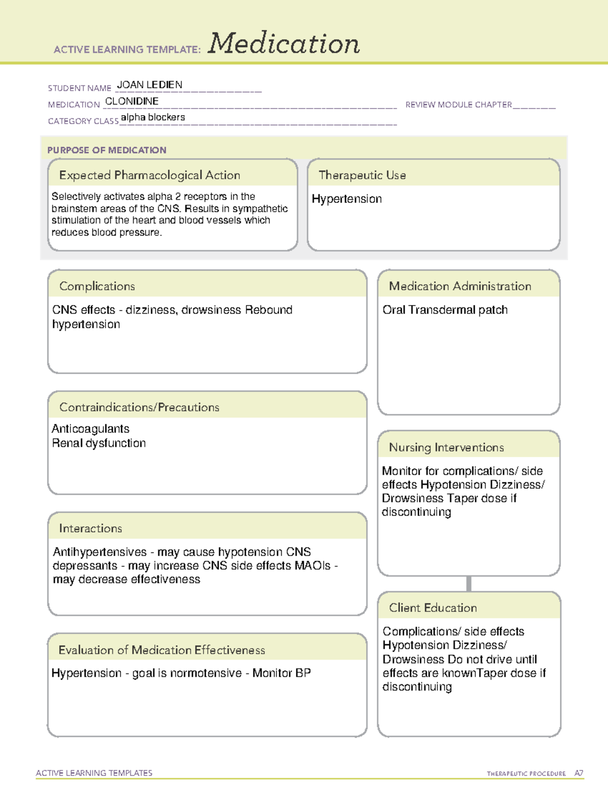 Clonidine - drug cart - ACTIVE LEARNING TEMPLATES TherapeuTic procedure ...