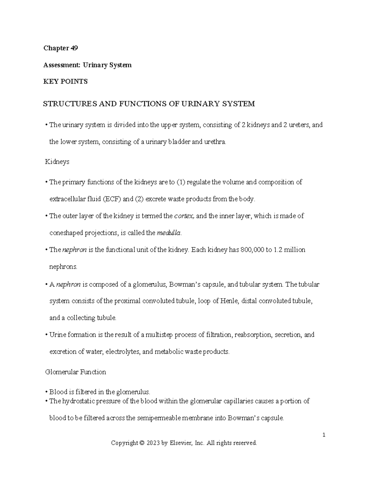 Assessment Urinary System - 1 Chapter 49 Assessment: Urinary System KEY ...