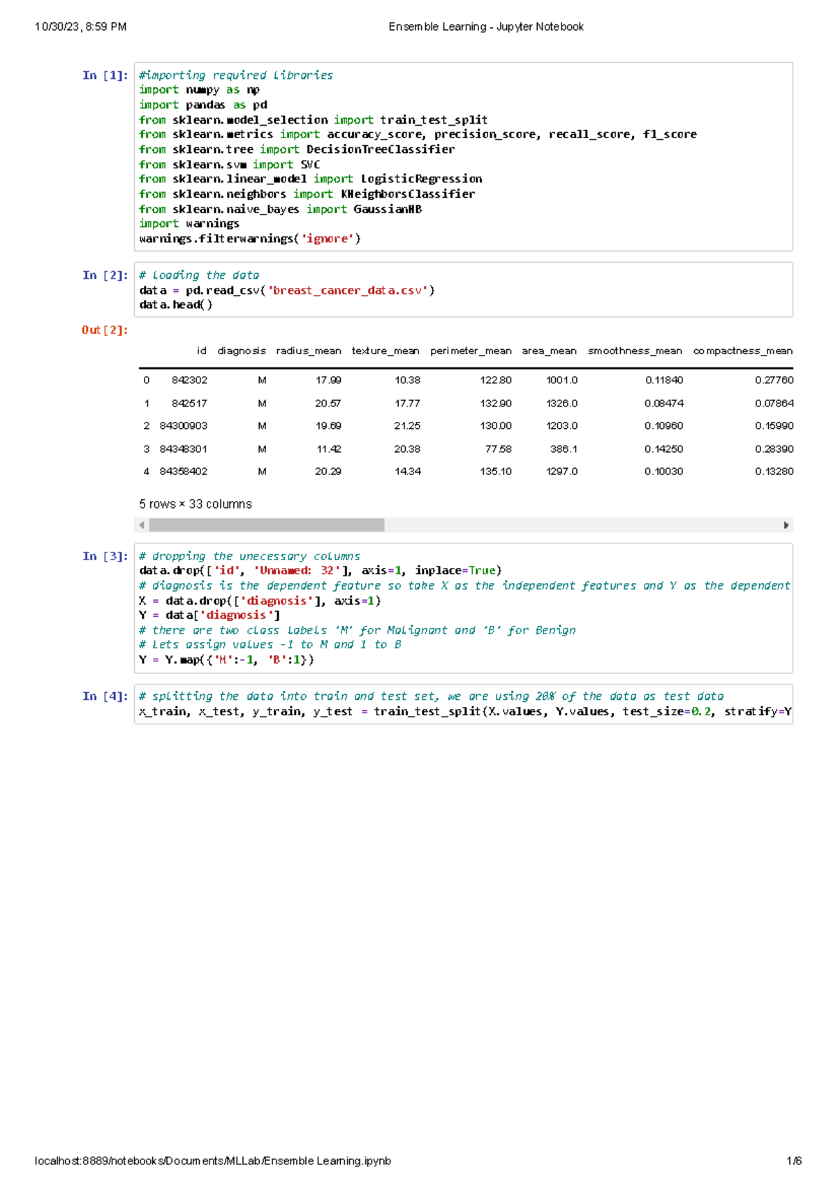 Ensemble Learning - Jupyter Notebook - In [1]: In [2]: In [3]: In [4]: Out[2]: id diagnosis ...