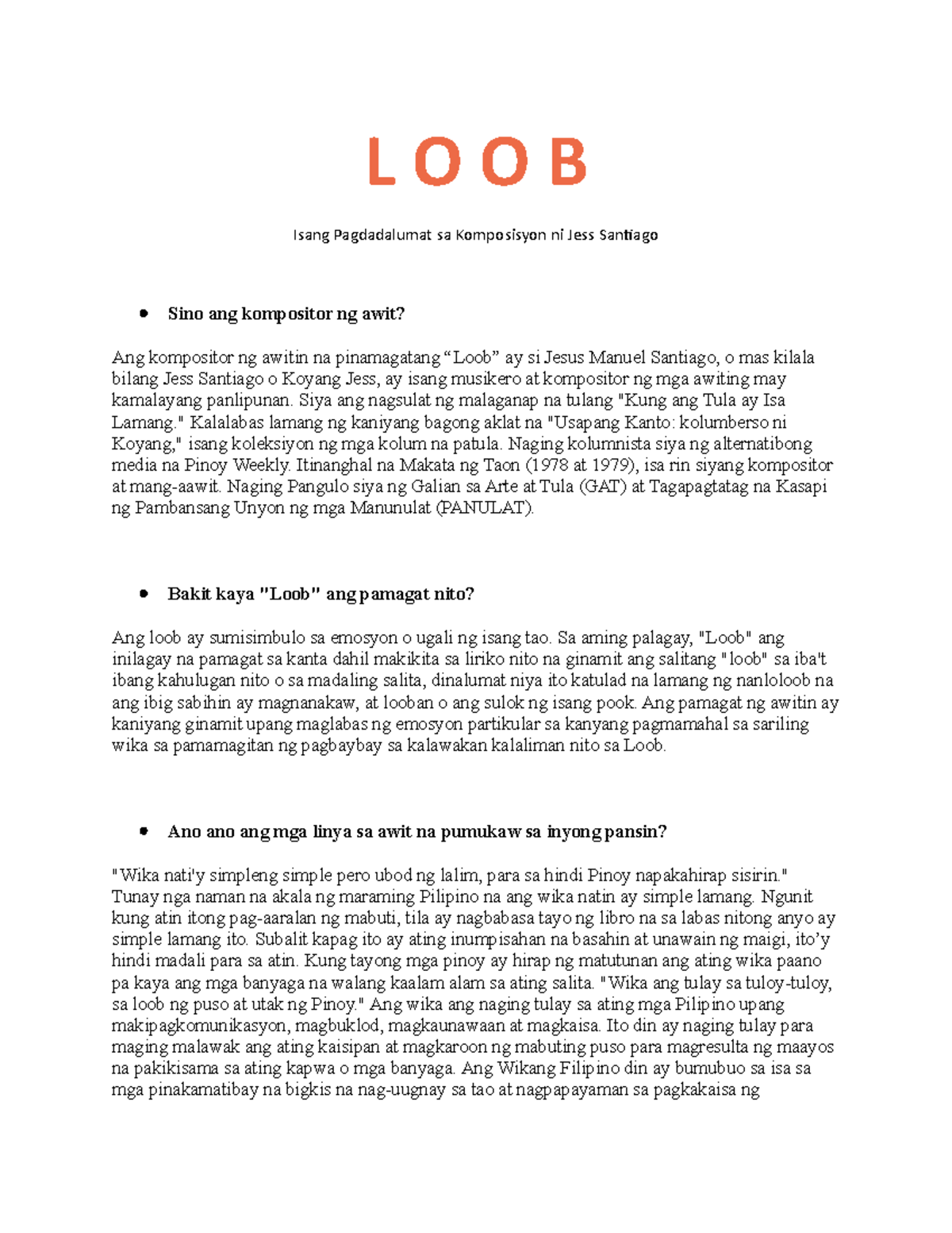 LOOB by Jess Santiago - L O O B Isang Pagdadalumat sa Komposisyon ni ...