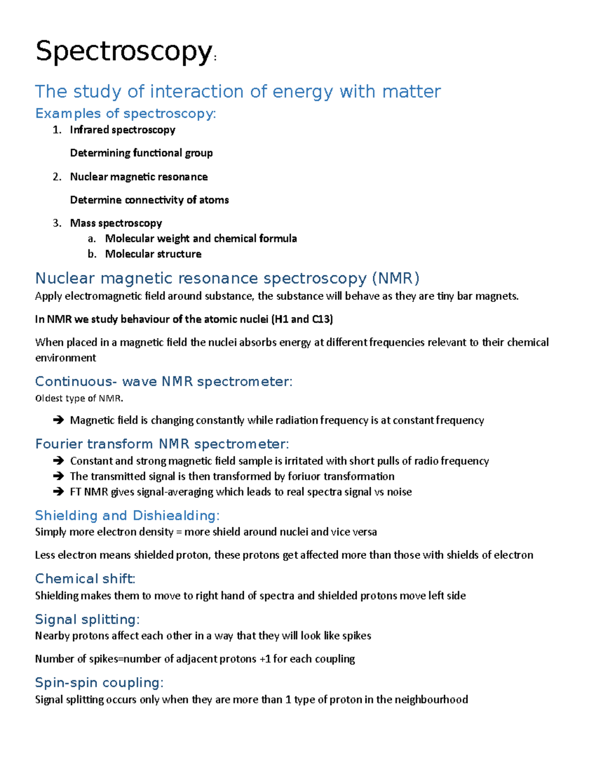 Spectroscopy - Summary Organic Chemistry - Spectroscopy : The study of ...