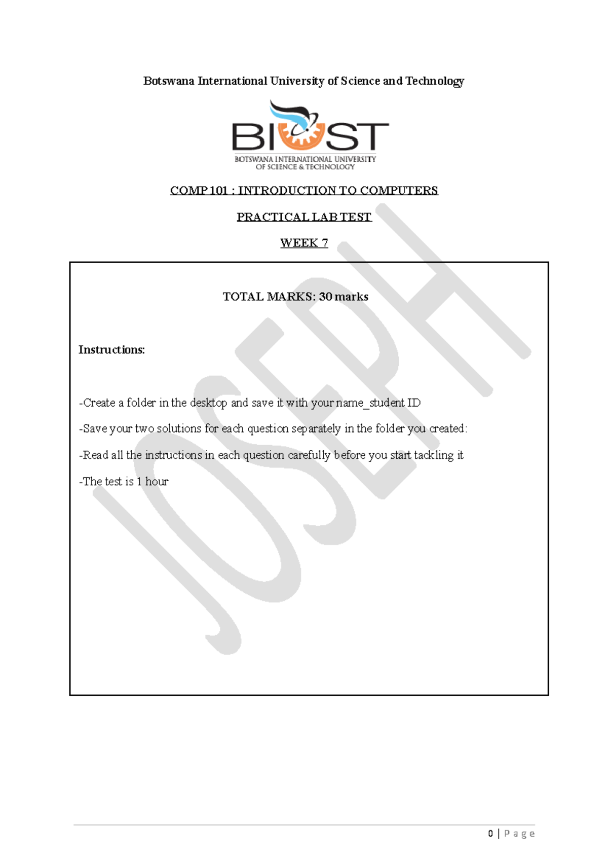 COMP101 lab test Questions - Botswana International University of ...