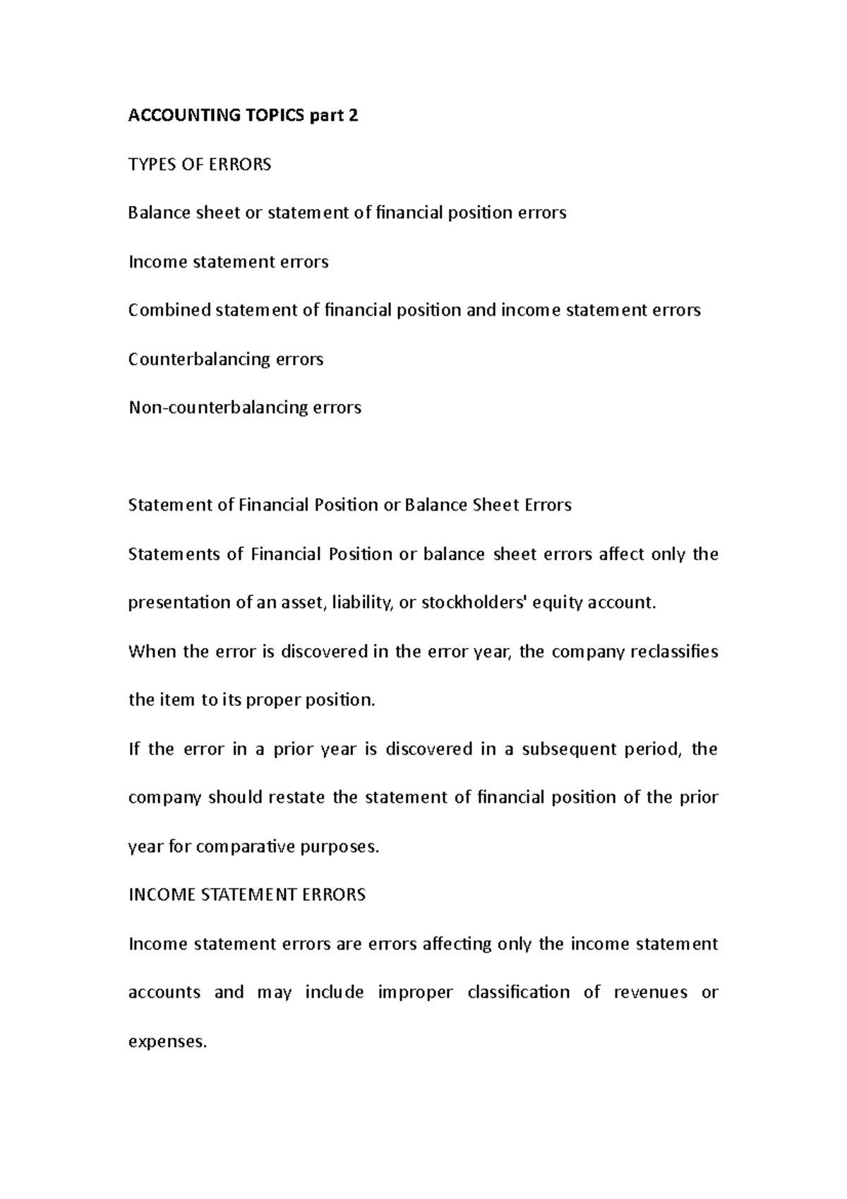 Accounting Topics part 2 - ACCOUNTING TOPICS part 2 TYPES OF ERRORS ...