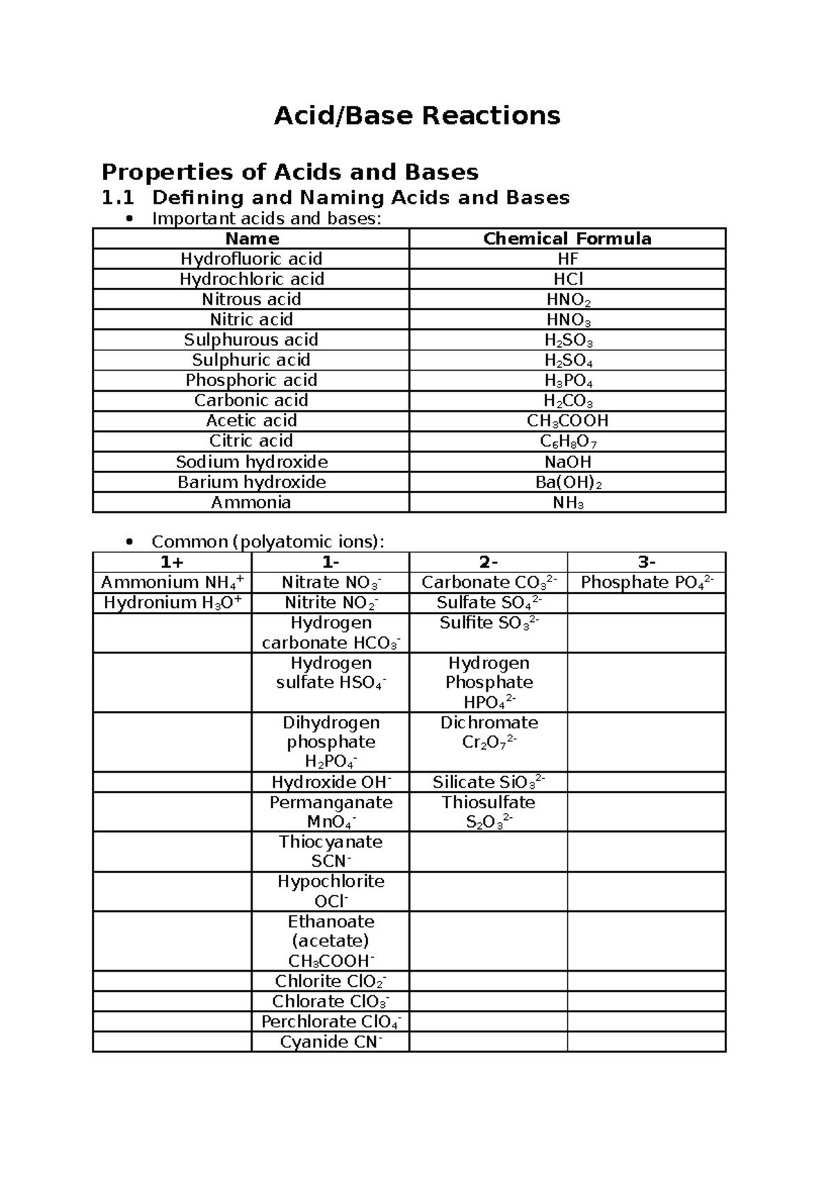 Module 6 Notes - Acid/Base Reactions Properties of Acids and Bases 1 ...