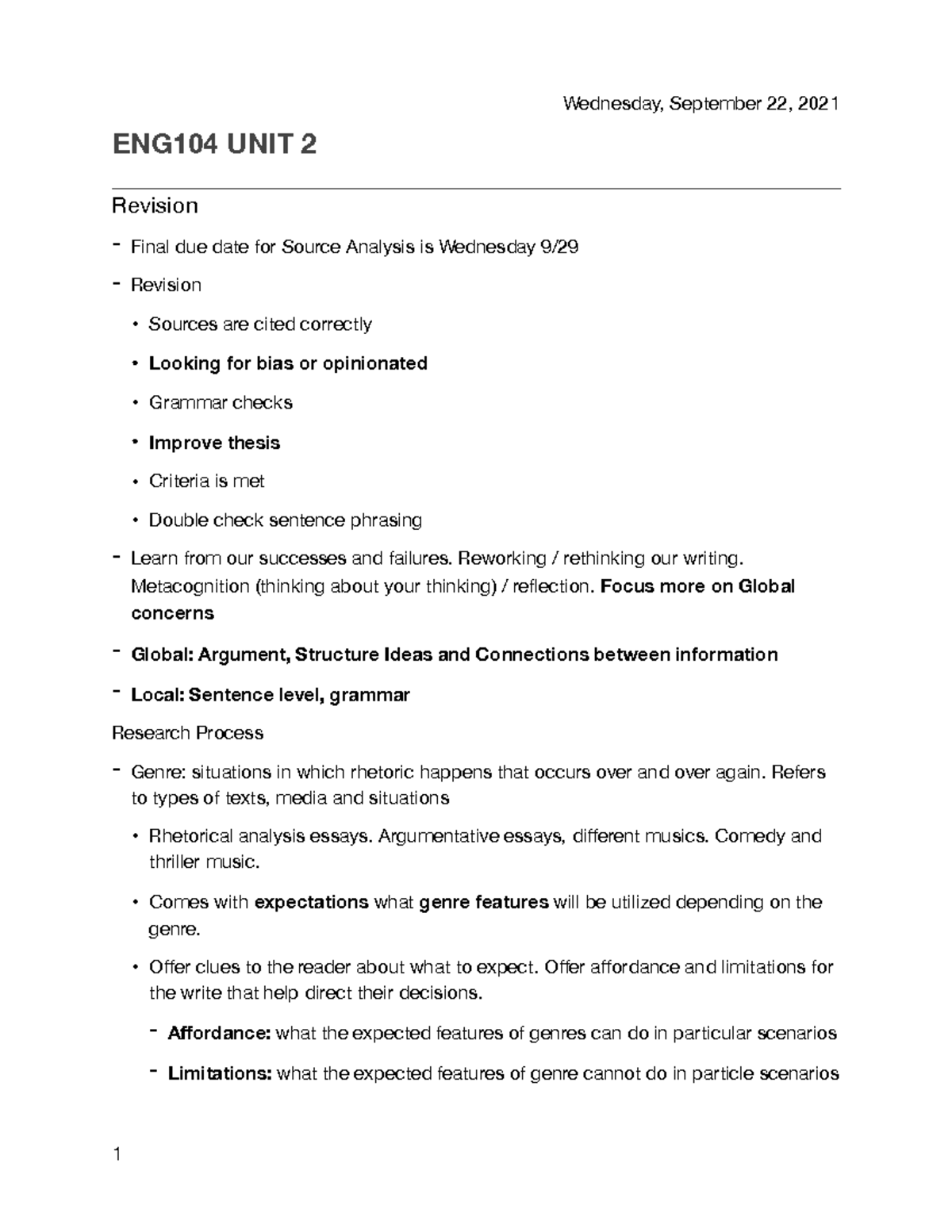 ENG104 Unit 2 material - Wednesday, September 22, 2021 ENG104 UNIT 2 Revision - Final due date ...